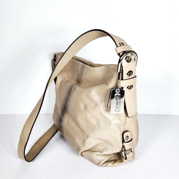 Coach | Bags | Coach Beige Shimmer Logo Perforated Leather Crossbody ...